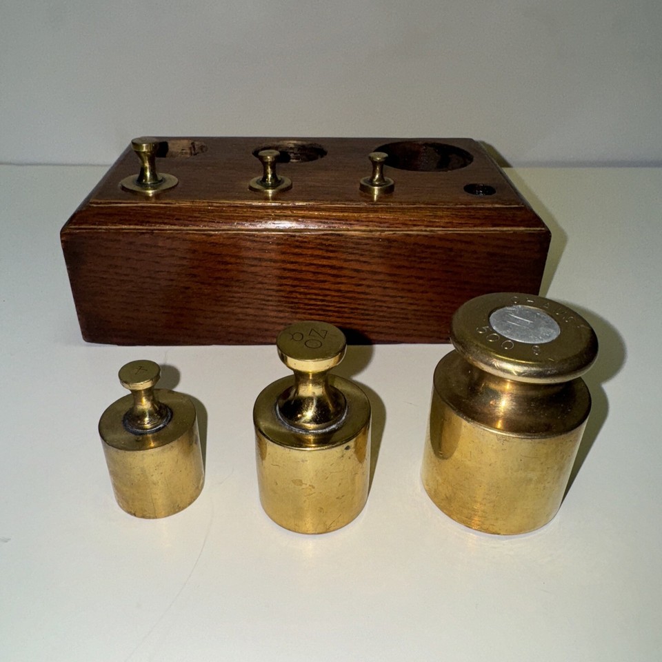 Antique Brass Weights in Wooden Block Measuring Scale Set. | eBay