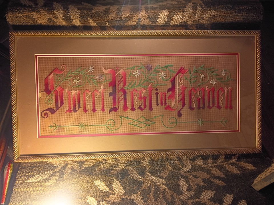 Victorian Antique Framed Woolwork Sampler Punch Motto Sweet Rest in ...