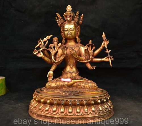 13.6" Chinese Bronze Gilt Buddhism Multi armed Guan Yin Goddess Buddha ...