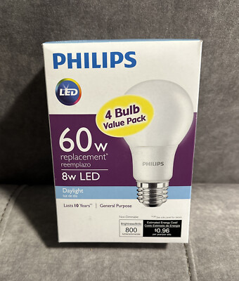 Philips 60W, A19 LED 8W Daylight Bulbs, 4 Bulb Pack Non Dimmable. New ...