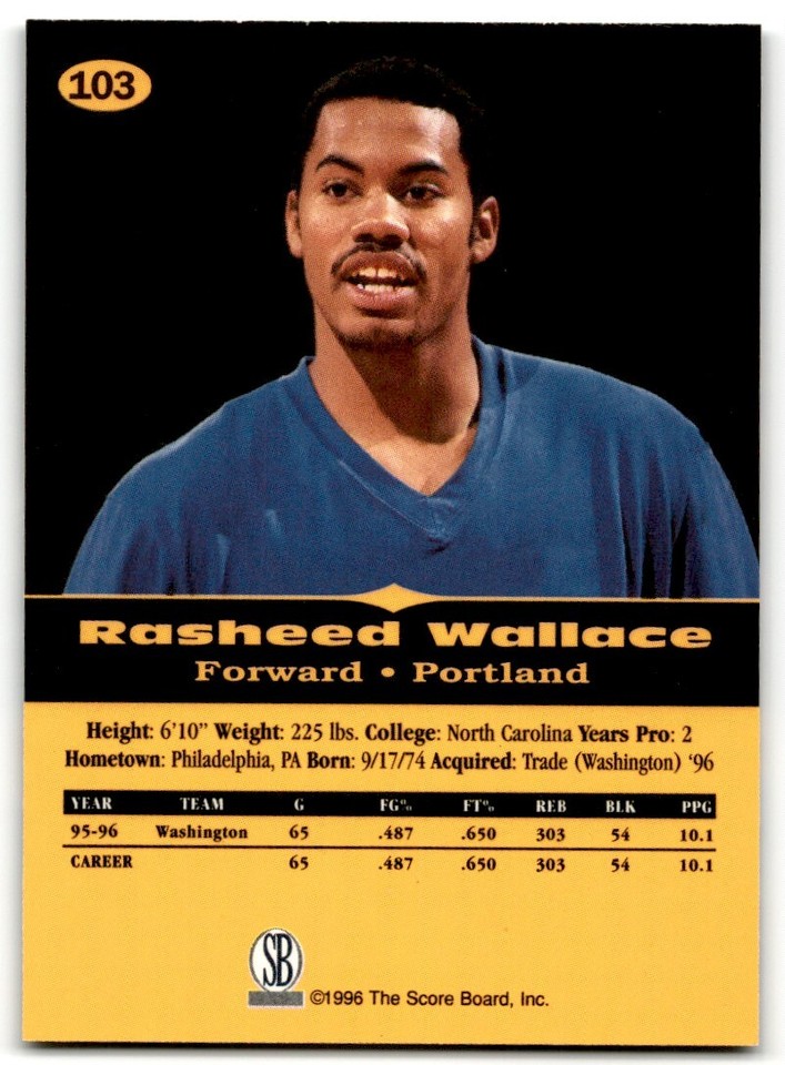 1996-97 Score Board All Sport Plus Rasheed Wallace Washington Bullets ...