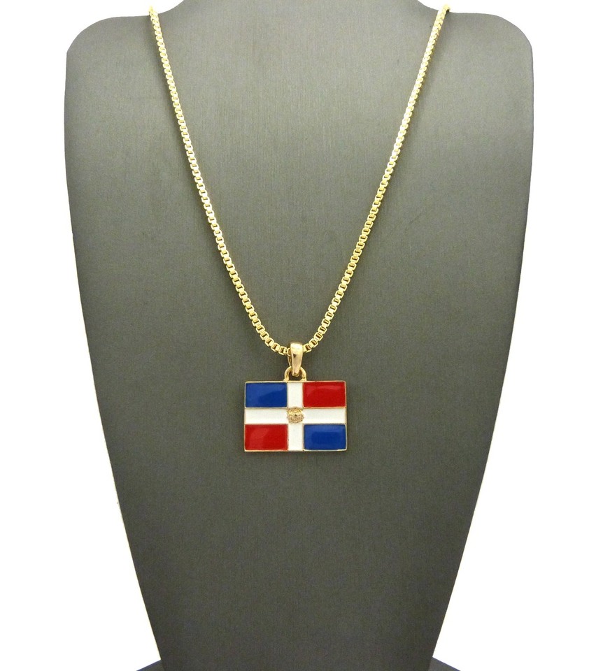 New Dominican Republic Flag Pendant &2mm/24" Box Chain Hip Hop Necklace ...