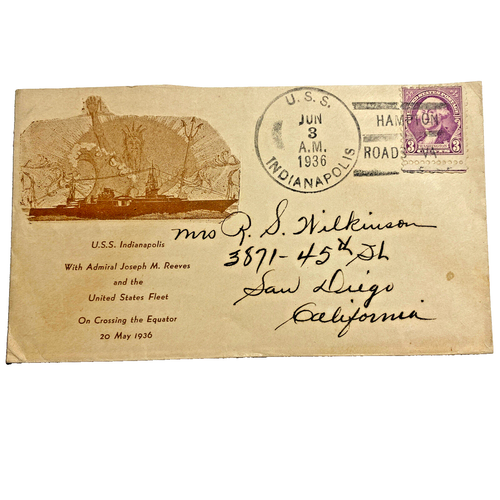 1936 USN Navy Stamped Cover USS Indianapolis Ship Mail Cross Equator ...