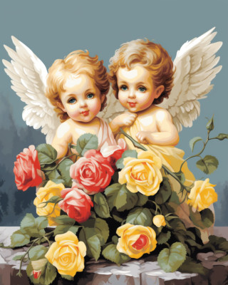 Lovely Cherubs With Roses Painted Design Printed Needlepoint Canvas #N ...