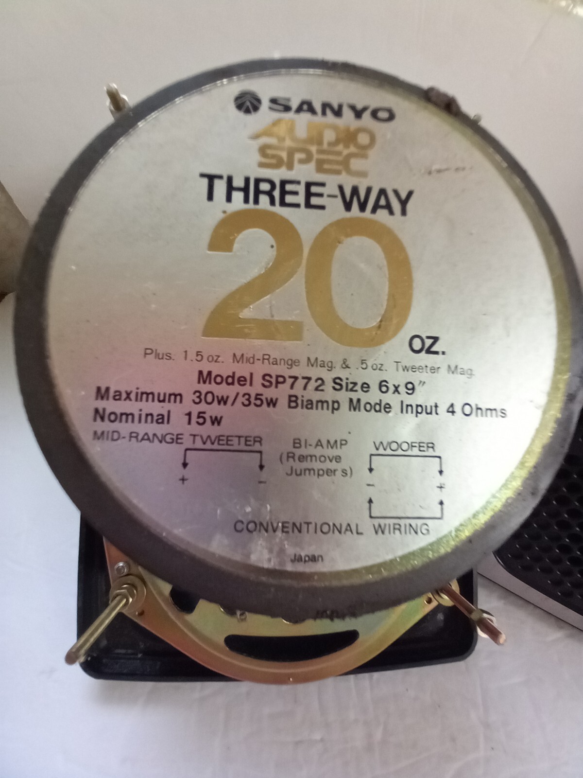 SANYO Audio Spec THREE WAY 20 oz. Speakers Model SP772 Complete w/Sanyo ...