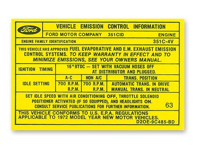Mustang Emission Decal 4V 351 Cleveland Automatic Transmission 1972 | eBay