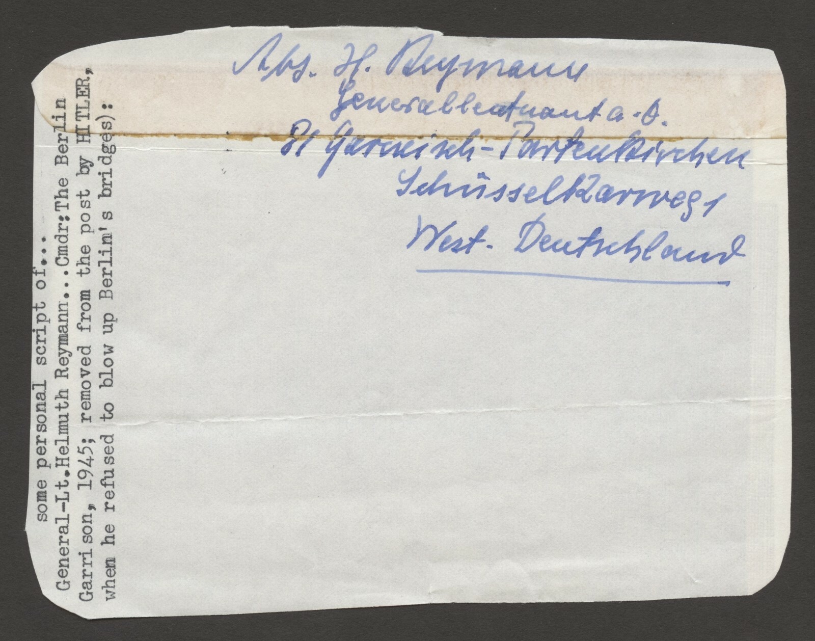 Hellmuth Reymann d1988 signed autograph 4x6 cut Officer German Army ...