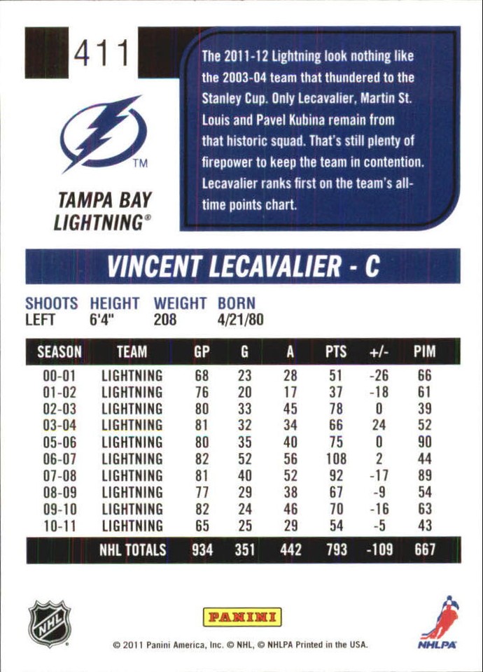 2011-12 (LIGHTNING) Score Gold #411 Vincent Lecavalier | eBay