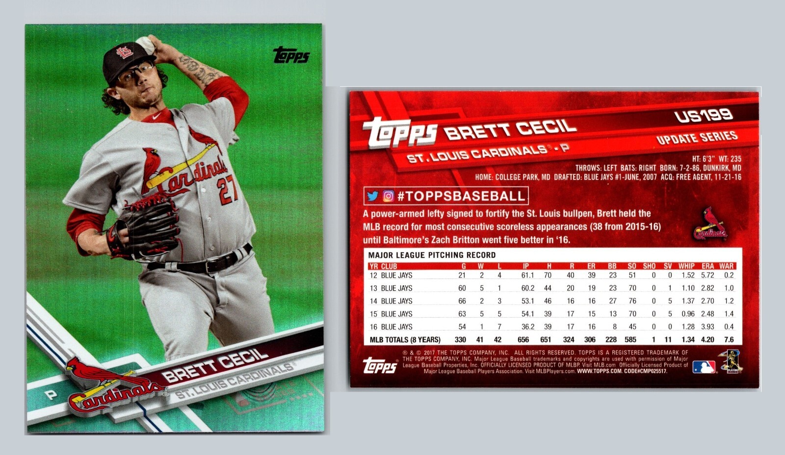 2017 Topps US199 Brett Cecil Rainbow Foil Cardinals Pitcher | eBay