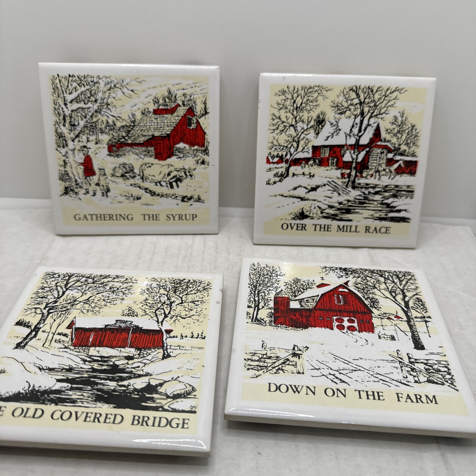 Vintage Tile Trivet Set Of 4 Country Farm Winter Barns Red Ceramic Cool ...