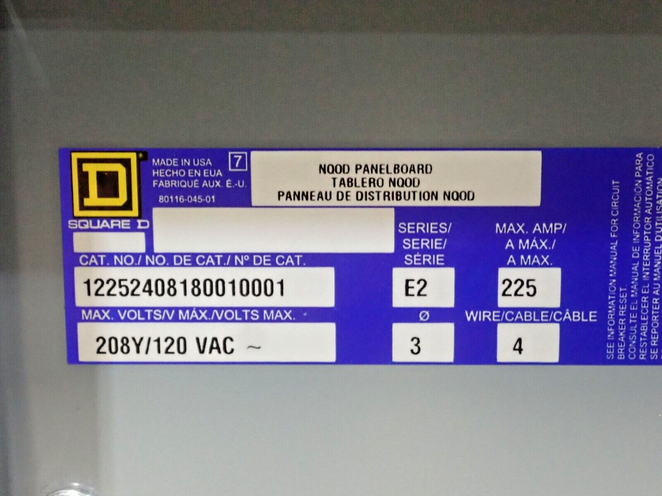 Square D Type NQ Main Lug Panelboard 225Amp 3PH 208Y/120V 4W 42 Circuit ...