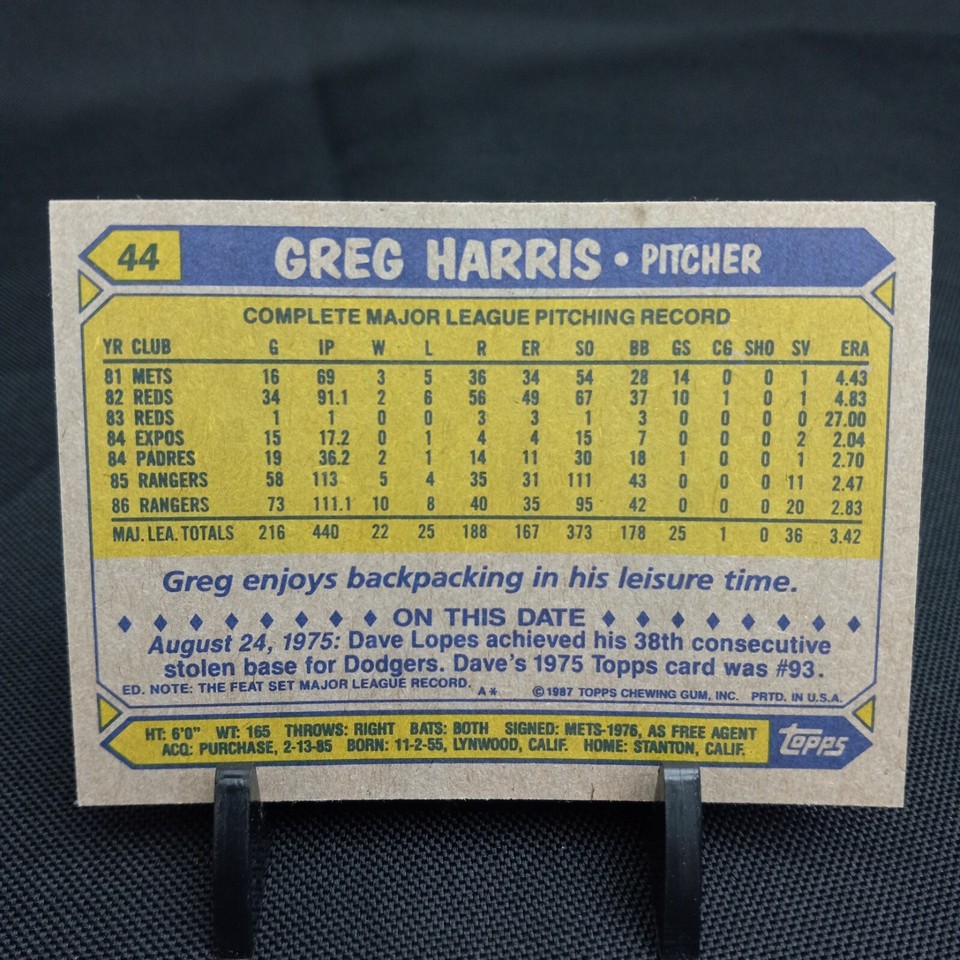 Greg Harris 1987 Topps Texas Rangers #44 Baseball Card (1A618) | eBay