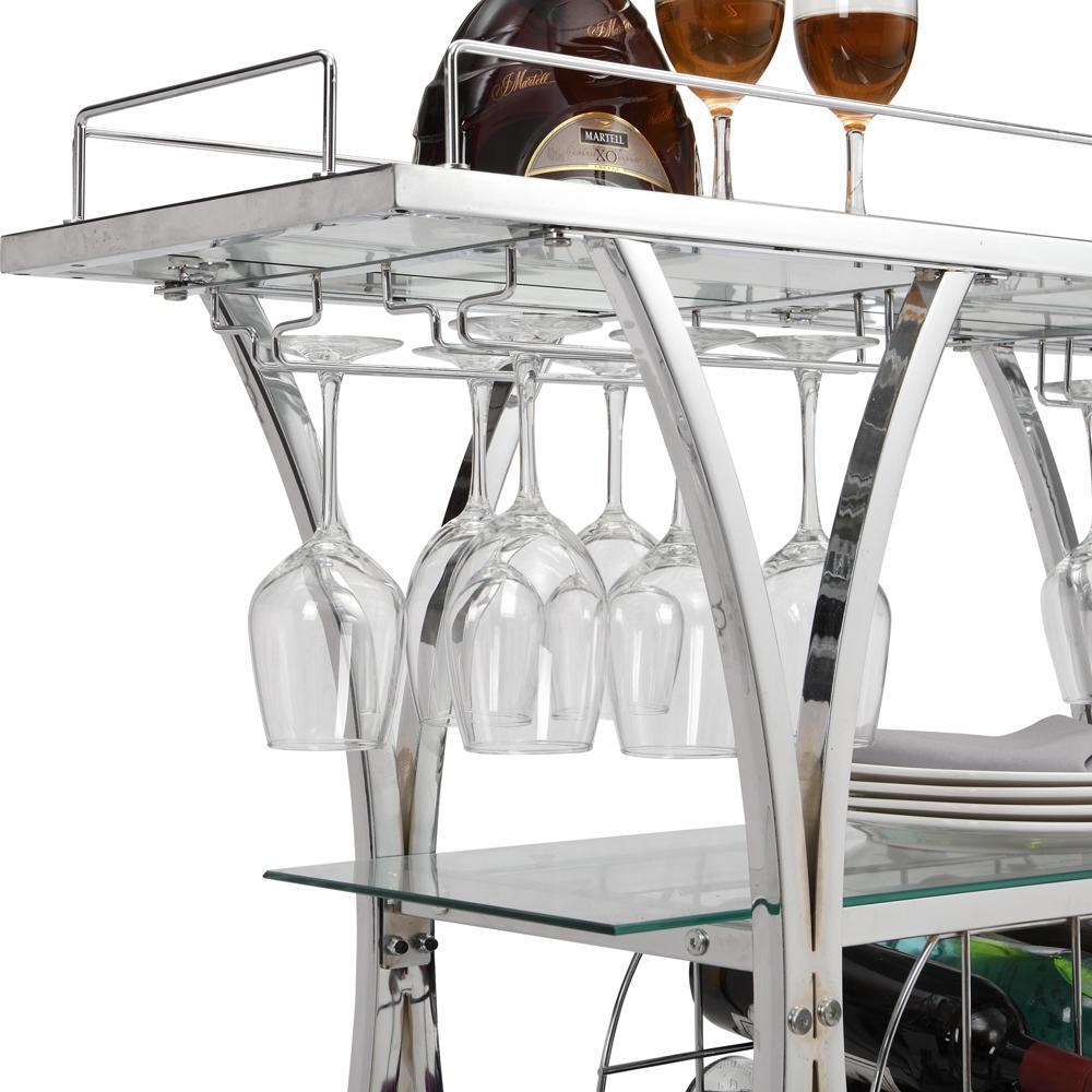 Contemporary Chrome Bar Cart with Bottle Rack and Wine Glass Storage ...
