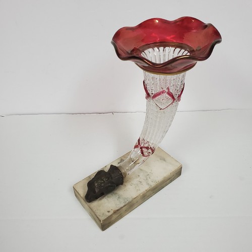 Vintage Cornucopia Fluted Red Glass Trumpet Vase Brass Ram Head Marble ...