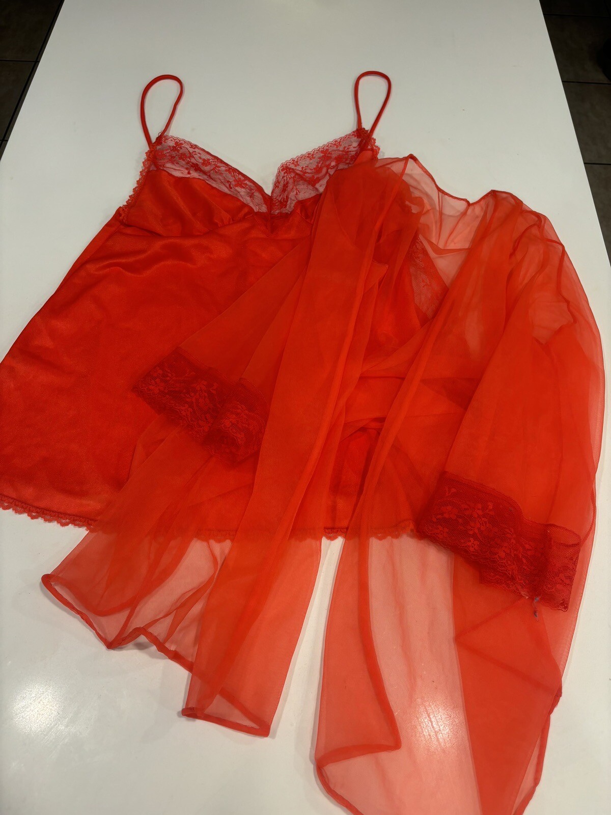 Vintage Sears 70s Red Lace Nighty Set W/ SHEER Chiff… - Gem