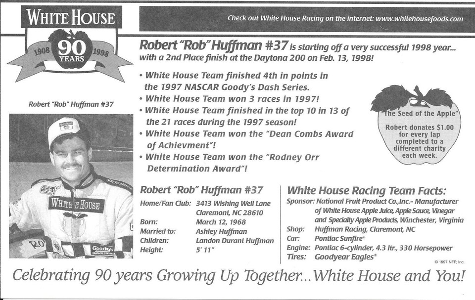 ROBERT HUFFMAN #37 VINTAGE POST CARD NASCAR 1998 | eBay