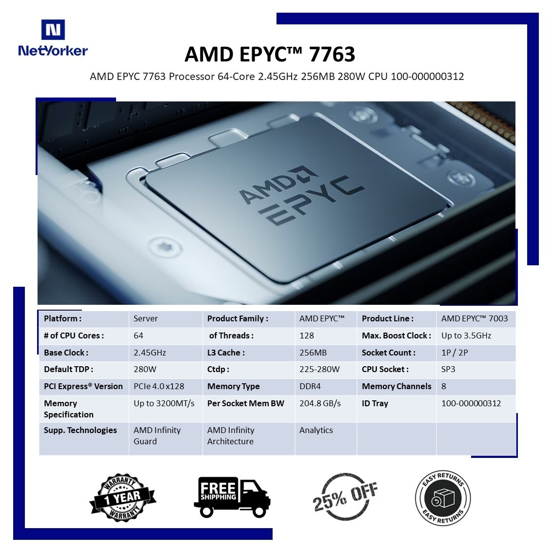 New - AMD EPYC 7763 Processor 64-Core 2.45GHz 256MB 280W CPU 100 ...