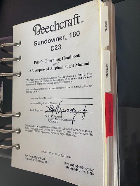 Beechcraft Sundowner 180 C23 POH & FAA Approved Airplane Flight Manual ...