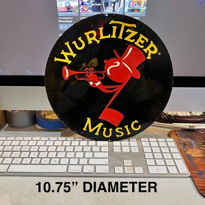 VINTAGE WALL DECOR 10.75” ROUND WURLITZER MUSIC SIGN EMBOSSED TIN METAL ...