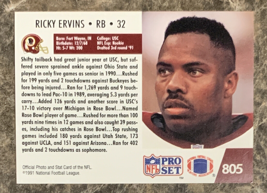NFL Pro Set 1991 Ricky Ervins #805 Draft Choice 3rd Round In Plastic ...