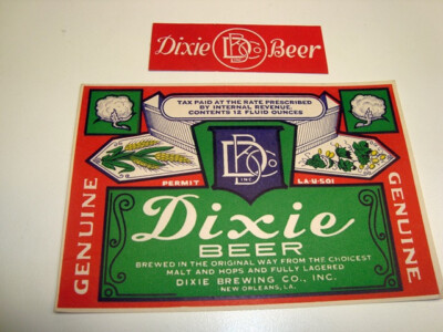 Circa 1930s Dixie Beer Label w/Neck, New Orleans, Louisiana | eBay