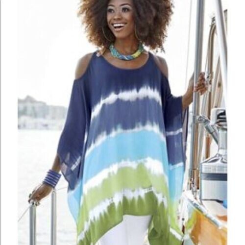 plus size 1X Fhallen Blue Tie Dye Off Shoulder Top Blouse from Ashro ...