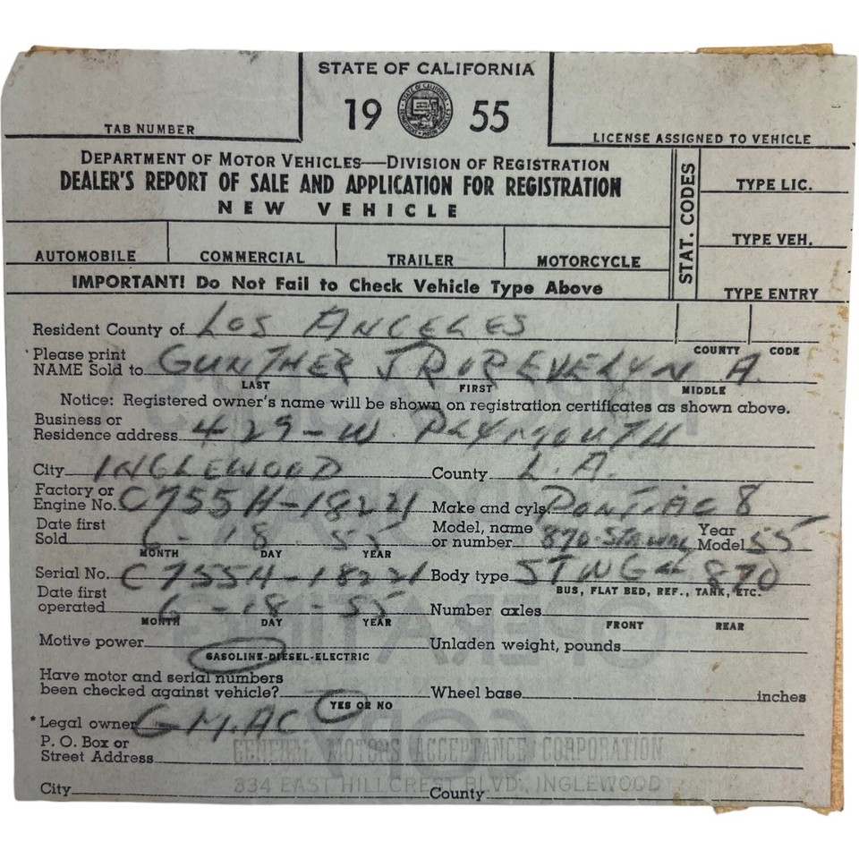 Vintage California Paper License Plate 1955 Temp Pontiac Safari Wagon ...