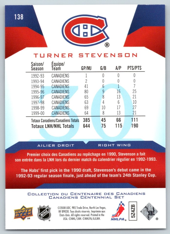TURNER STEVENSON 2008-09 UPPER DECK MONTREAL CANADIENS CENTENNIAL NO ...