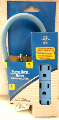 Intertek 3 Outlet Power Strip 12” Blue Indoor Use Only New ***FREE SHIP ...