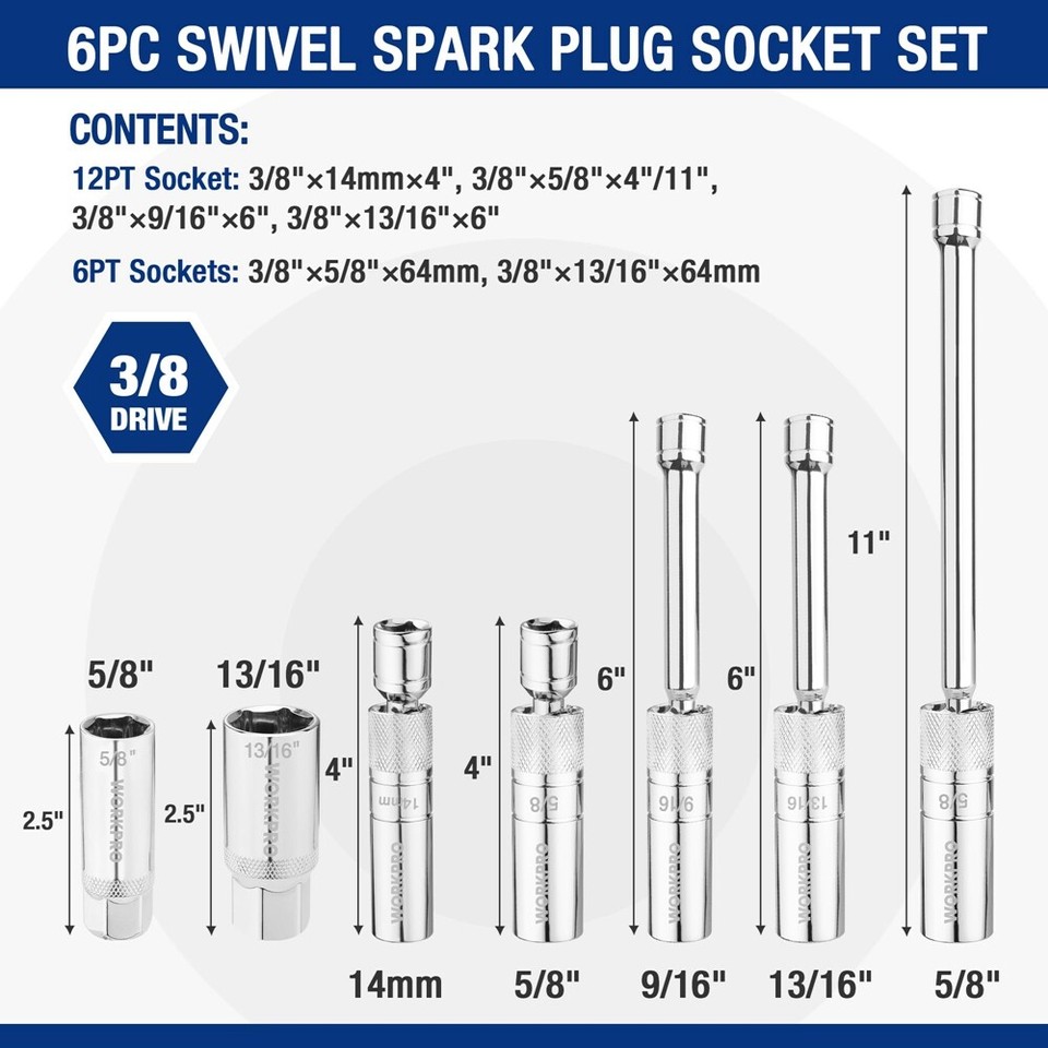 WORKPRO 7PCS 3/8" Magnetic Spark Plug Socket Sets 6PT 12PT Thin Wall ...