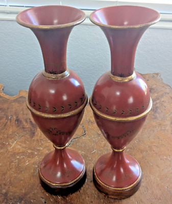 Theodore Alexander Hand Painted Metal Enamel Vases Wood Base 13" Pair ...