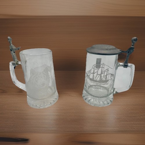 Vintage Glass Beer Stein Set Ship Grand Turk Salem 1786 & Wolf Etched ...