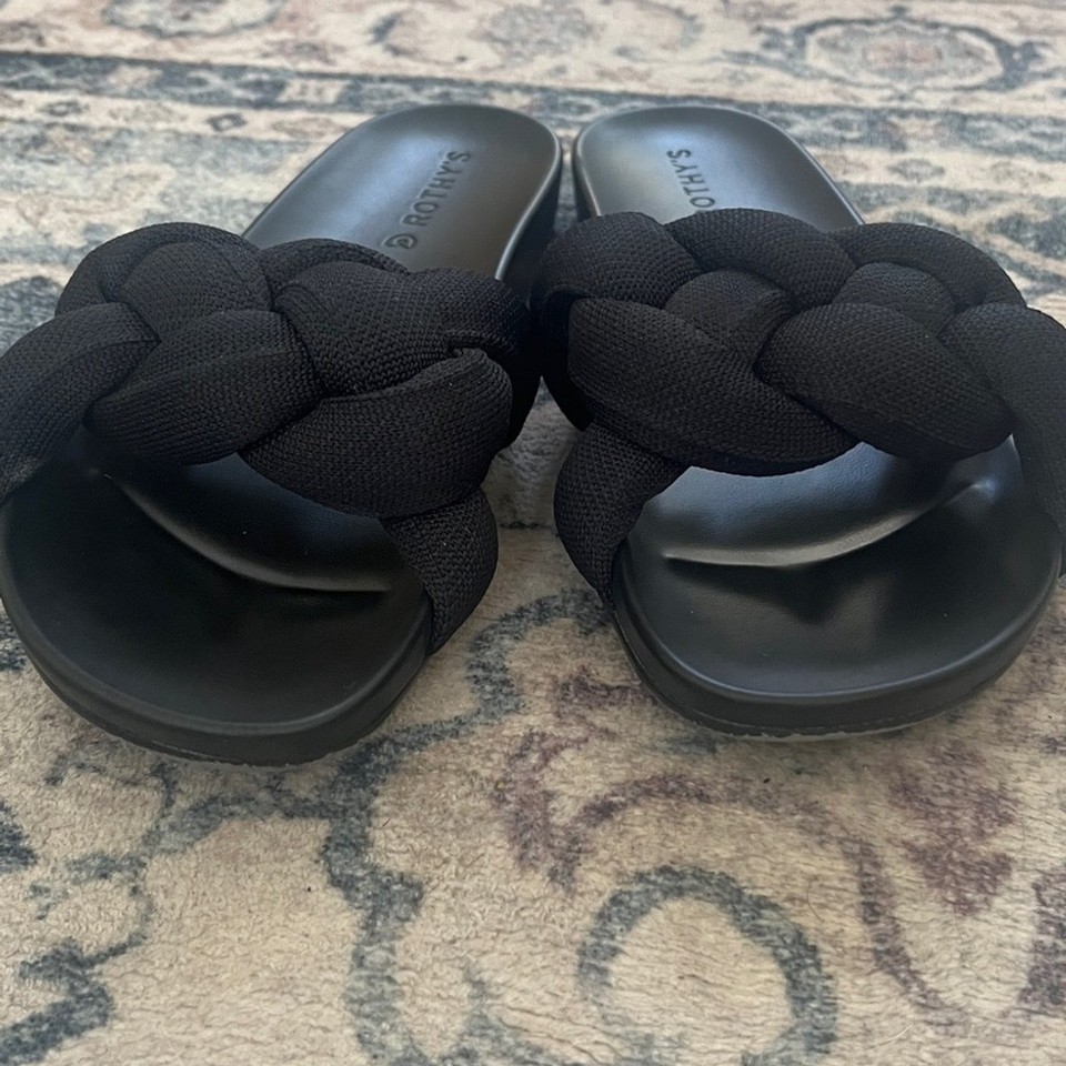 Rothy's Black Bubble Slide Slip-On Flat Heel Fabric Sandals Pool Slides ...