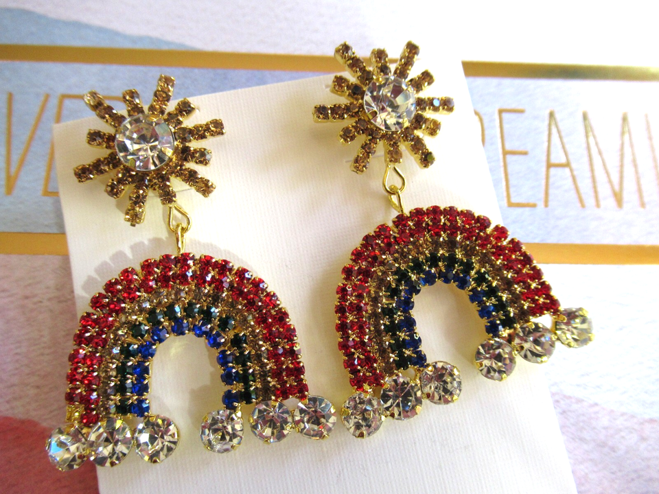 MULTI-COLOR PRONG-SET CRYSTAL RHINESTONE RAINBOW SUN DROP DANGLE ...