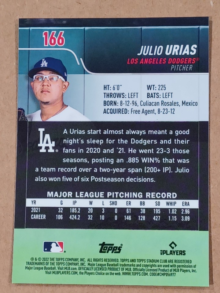 2022 Topps Stadium Club Chrome Julio Urias Base #166 Los Angeles ...