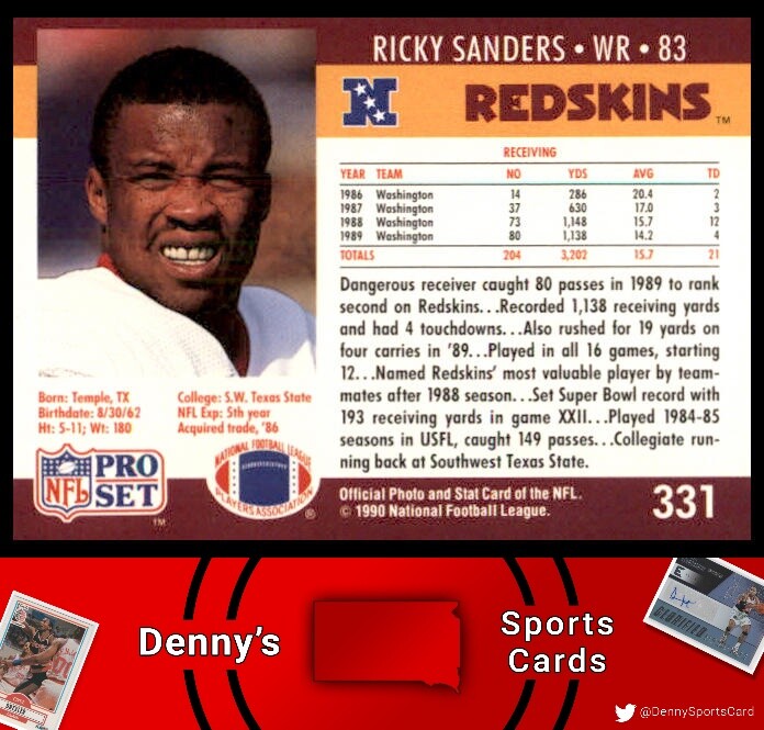 1990 Pro Set FACT Cincinnati #331 Ricky Sanders Washington Redskins | eBay