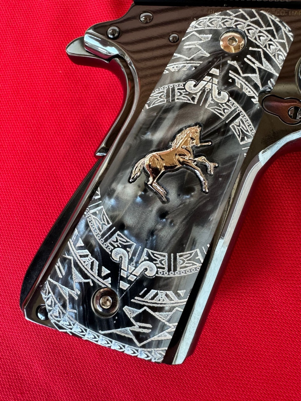 1911 Colt NickelPlated Horse Pearl Aztec Motif Engraved grips 45 38 ...