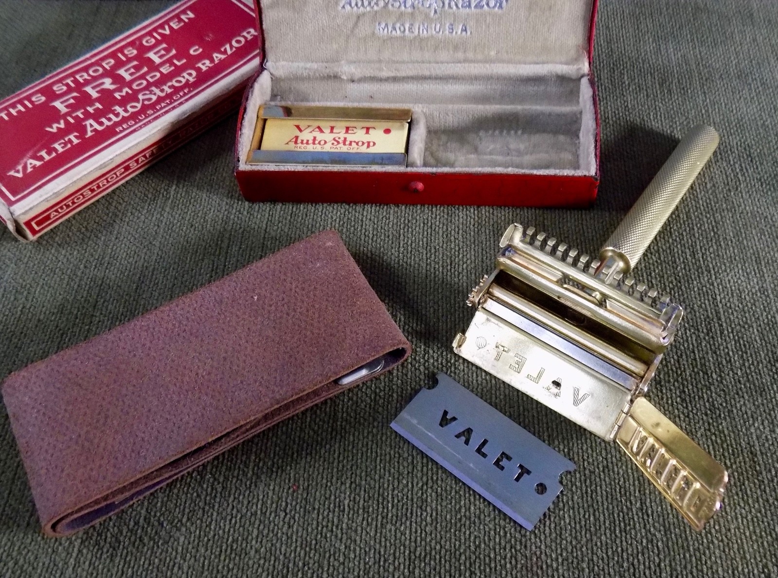 Vintage AutoStrop Razor; Model C with Gold Finish, Case, Blades & Strop ...