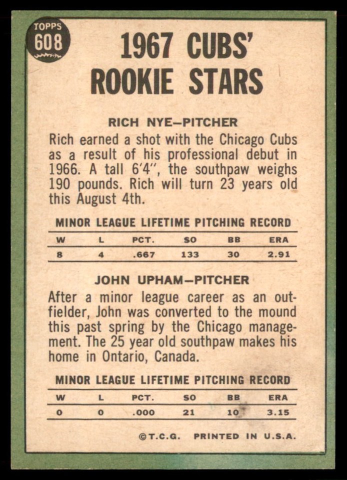 1967 Topps #608 Cubs 1967 Rookie Stars (Rich Nye / John Upham) | eBay