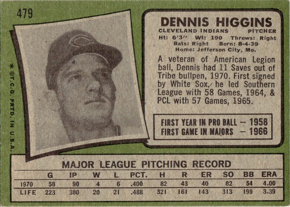 1971 Topps Baseball Dennis Higgins Cleveland Indians #479 EX | eBay