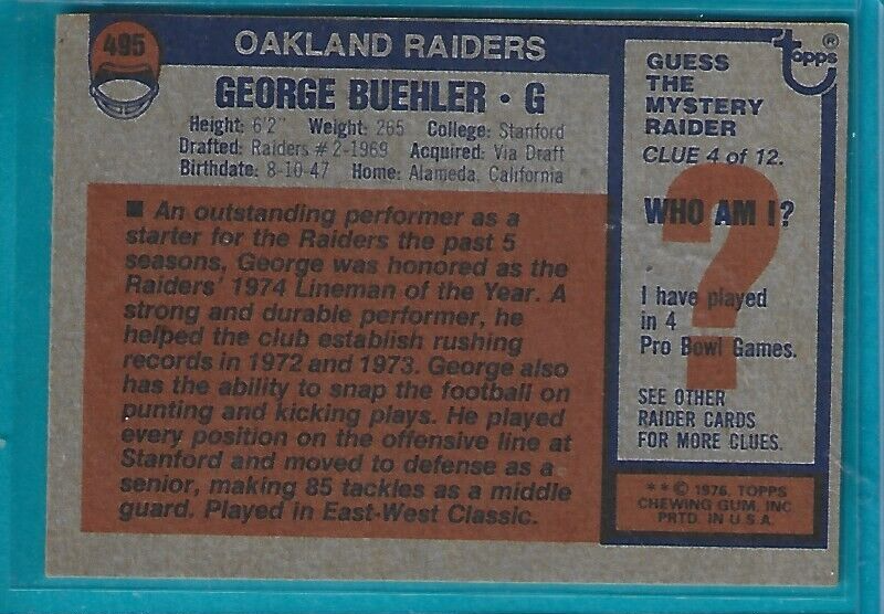 GEORGE BUEHLER signed 1976 Topps football card #495 OAKLAND RAIDERS | eBay