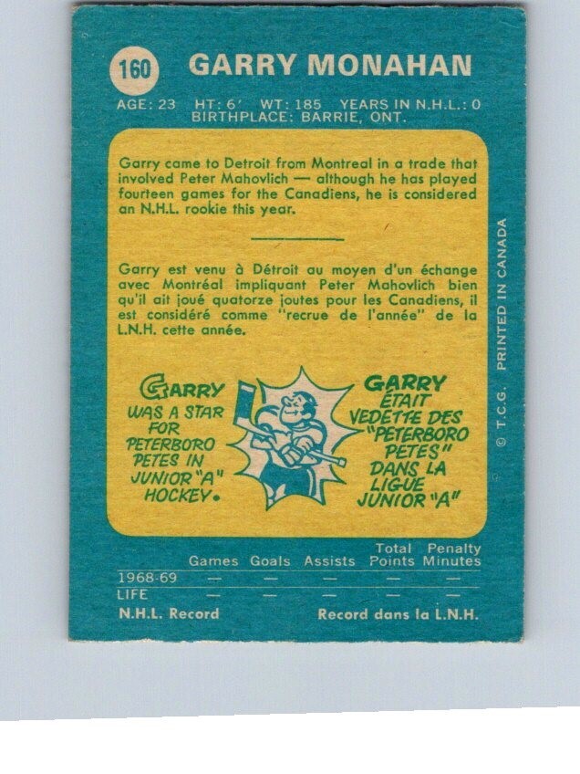 VINTAGE HOCKEY CARD OPC 1969 DETROIT RED WINGS GARRY MONAHAN NO 779 ...