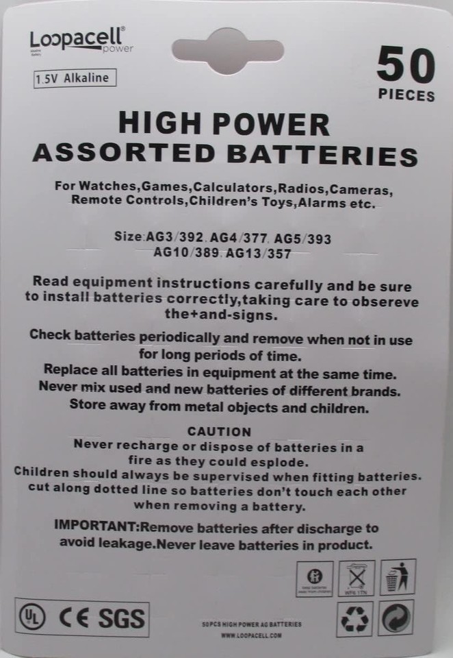 Loopacell High Power Super Alkaline Button Cell Assorted 1.5V Battery ...