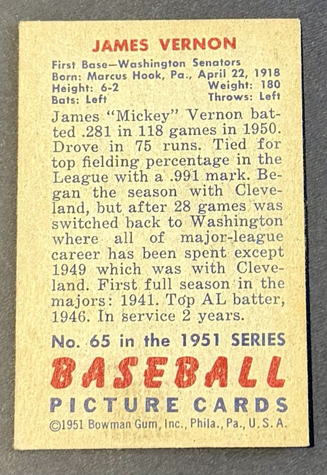 1951 Bowman #65 Mickey Vernon Washington Senators | eBay