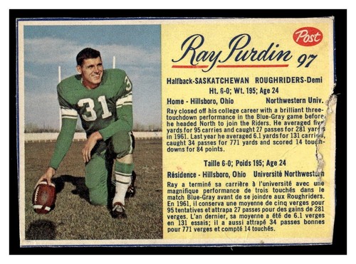 1963 POST CEREAL CFL FOOTBALL RAY PURDIN #97 ROUGHRIDERS LOW GRADE ...
