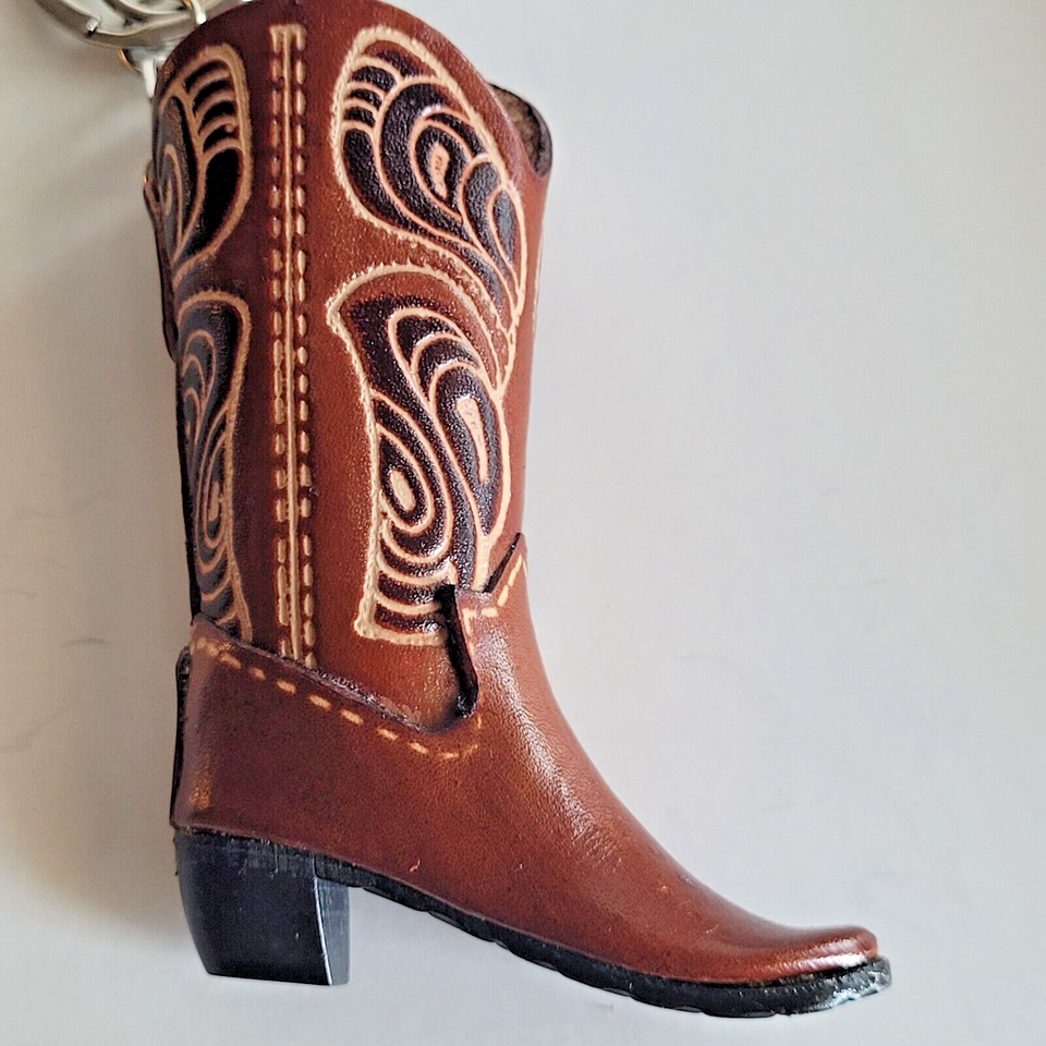 Cowboy Boot Leather Keychain Brown Handmade Ring Western Fob Key Ring ...
