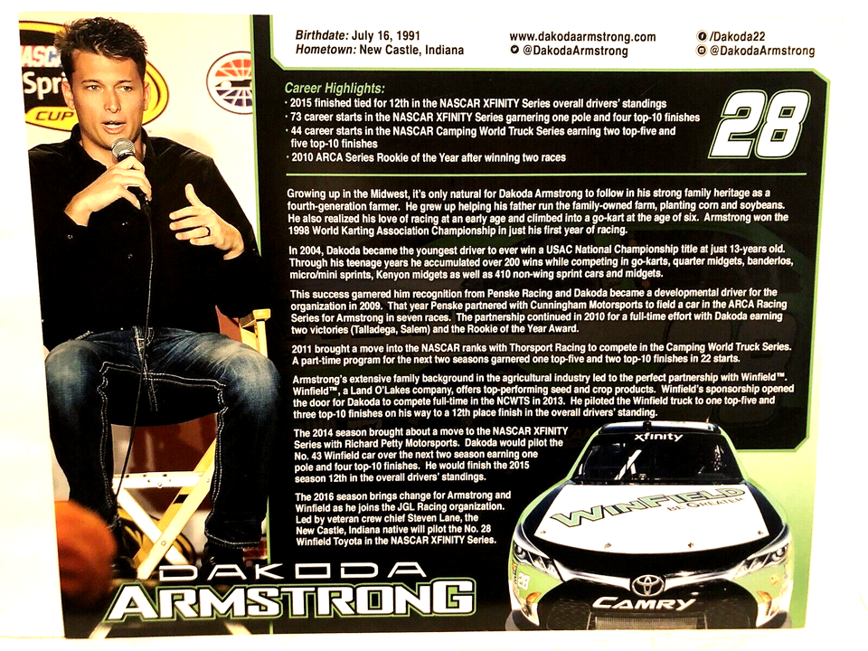 2016 DAKOTA ARMSTRONG CAMRY #28 JGL RACING NASCAR XFINITY SERIES ...