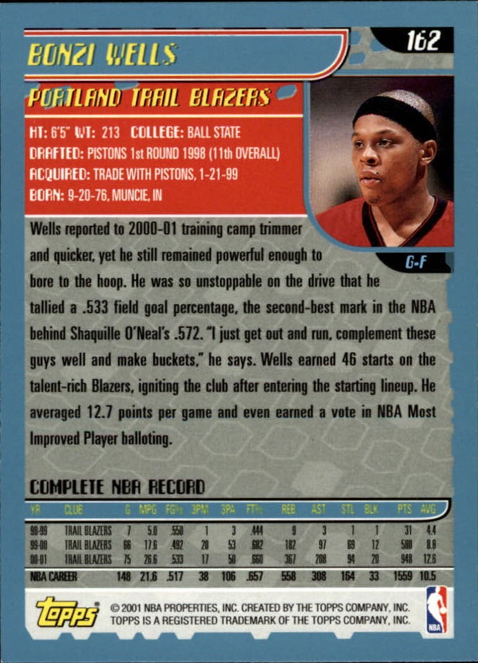 BONZI WELLS ~ 2001-02 Topps NBA Basketball Card #162 with KOBE BRYANT ...