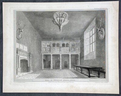 1826 Joseph Skelton Antique Print of Hall of Wroxton Abbey, Oxford, UK ...