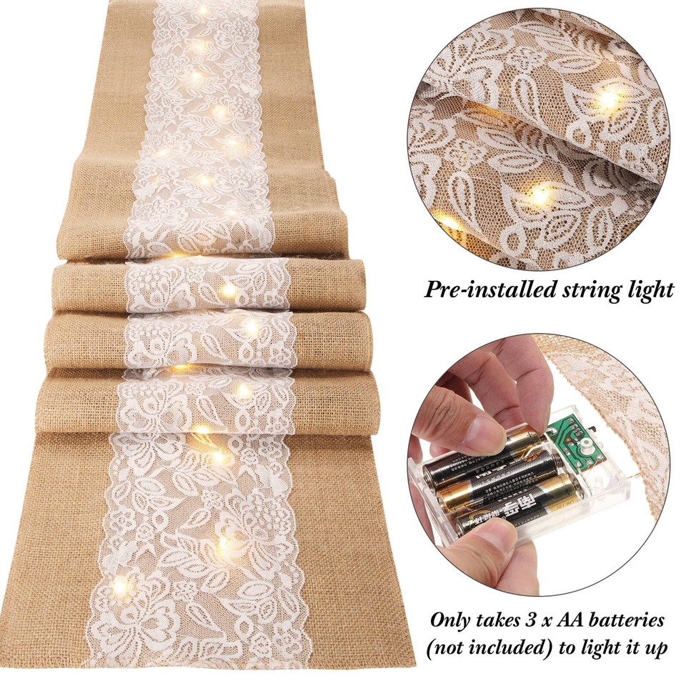 6 Pcs 12" X 108" Burlap Table Runner With Led String Lights Lace Rustic ...